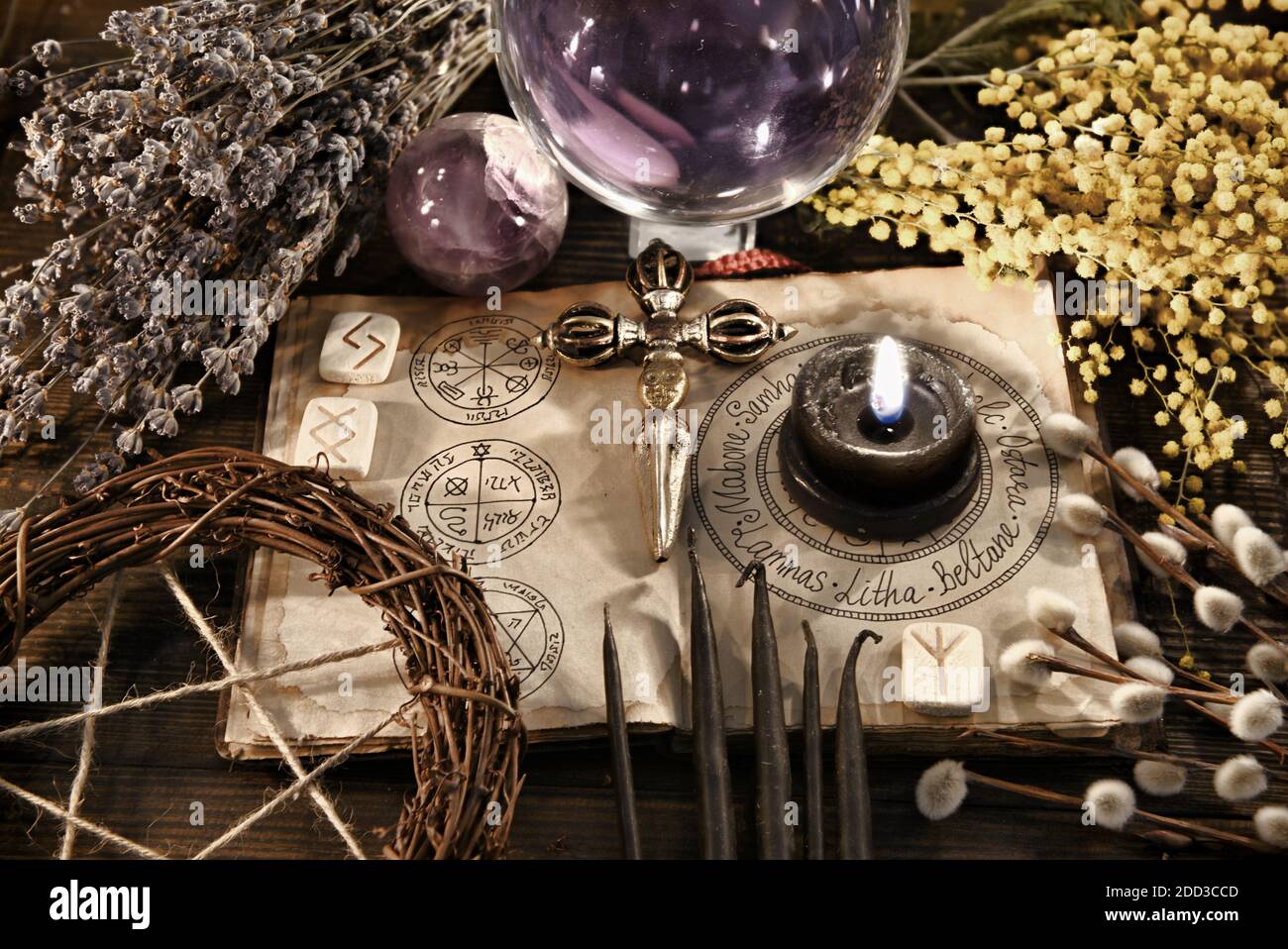 Old witch diary book with cross, pentagram and black candle on the ...