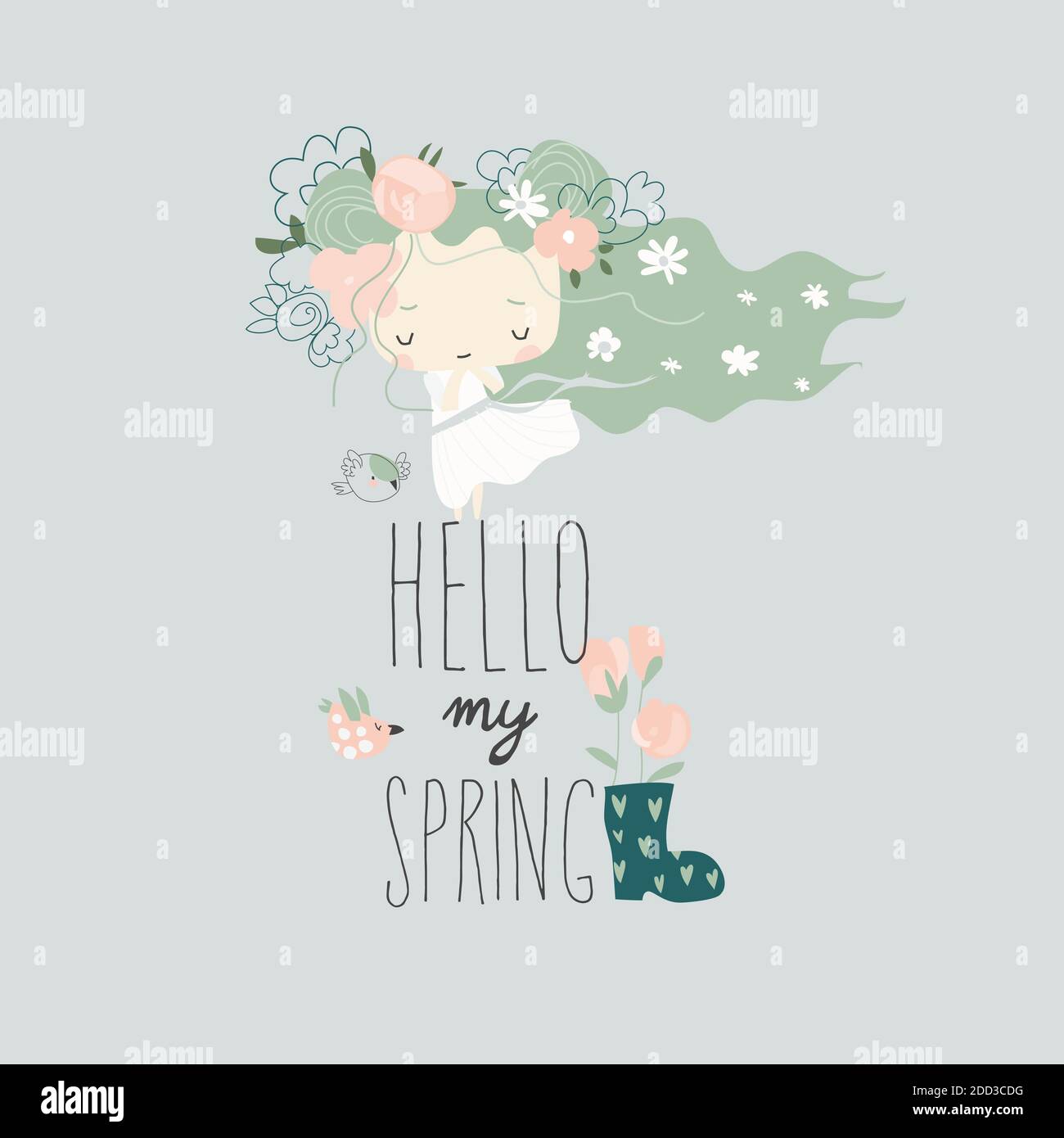 Beautiful cartoon girl with streaming hear. Hello spring Stock Vector ...