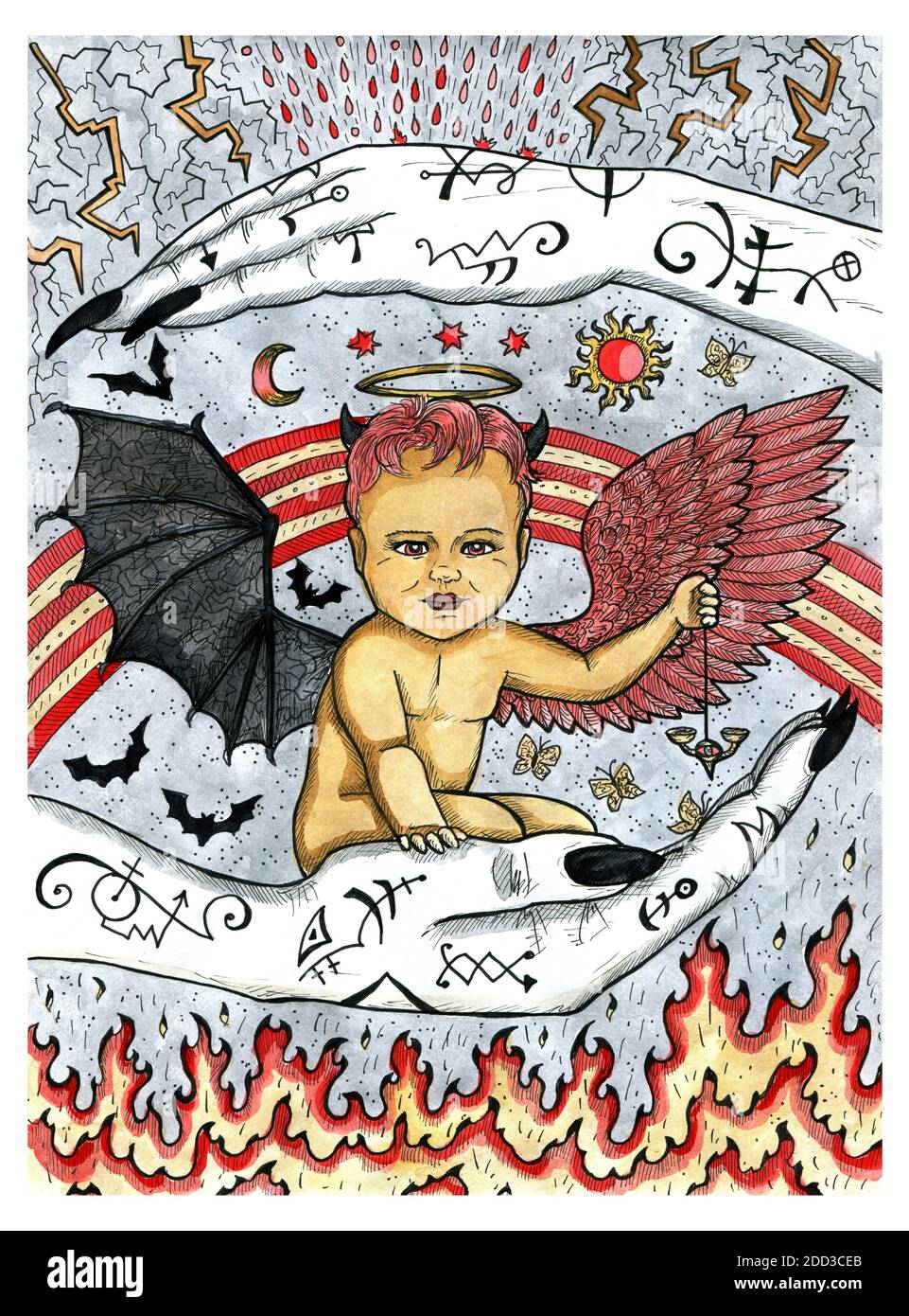 Child with angel and demon wings holding scales. Colorful graphic ...