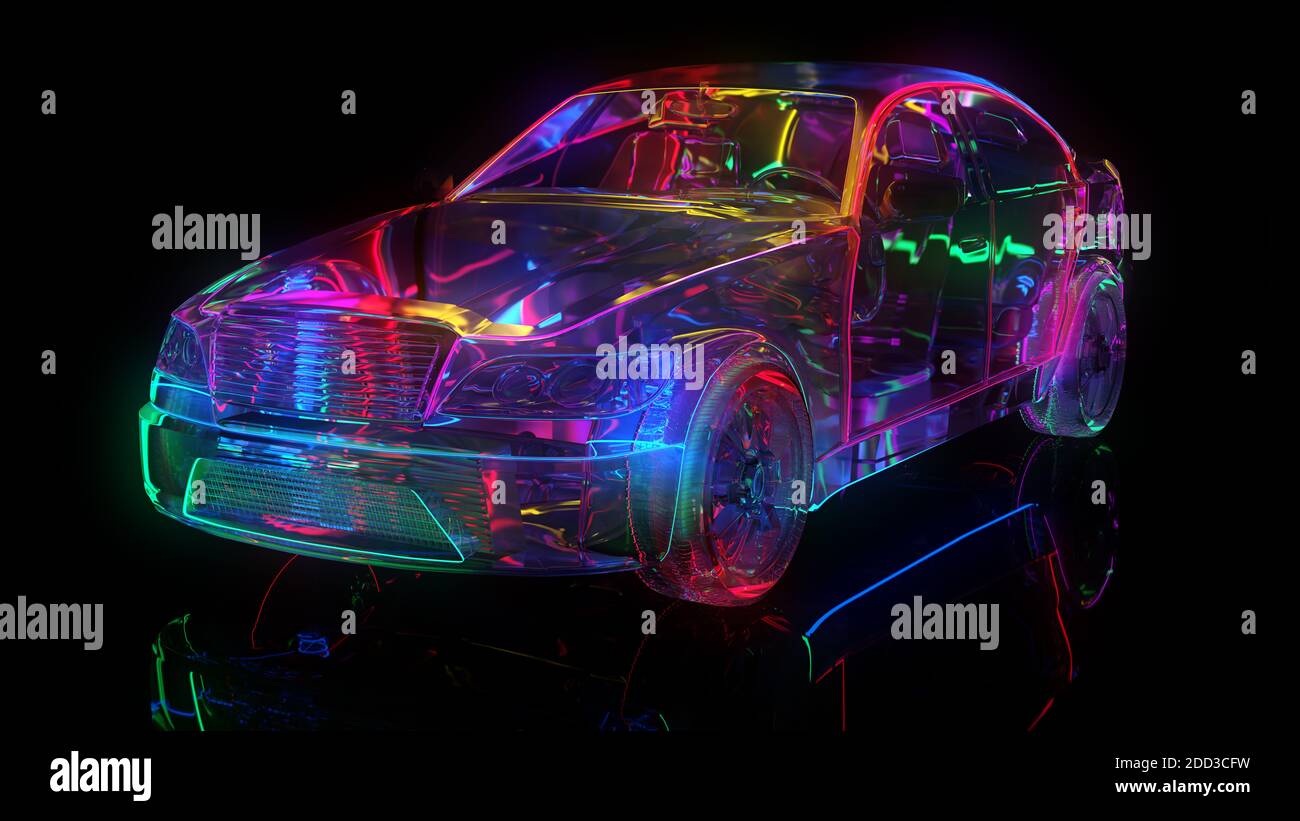 Glass car with neon lighting. The edges of the car are highlighted ...