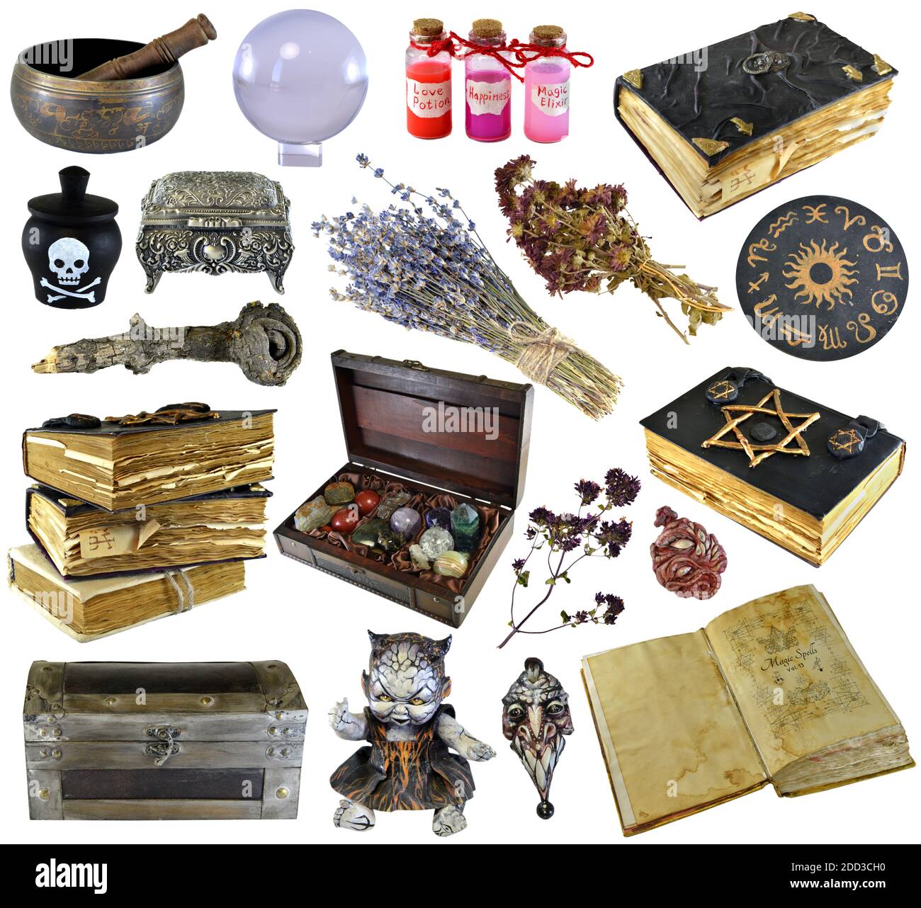 Design set with old books, ancient manuscript, witch herbs, potion ...
