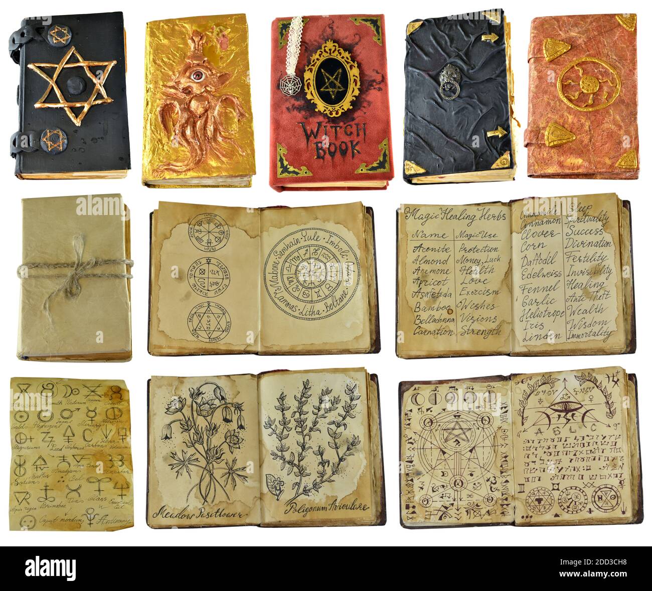 Design set with old witch books and manuscripts with spell isolated on ...