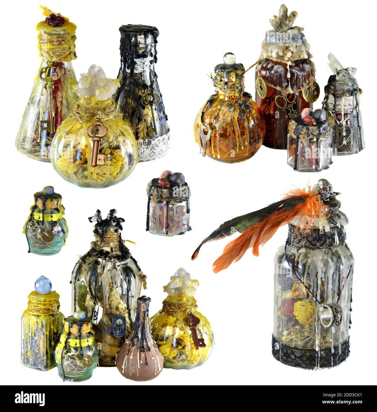 Design set with group of magic witch bottles isolated on white. Wicca ...