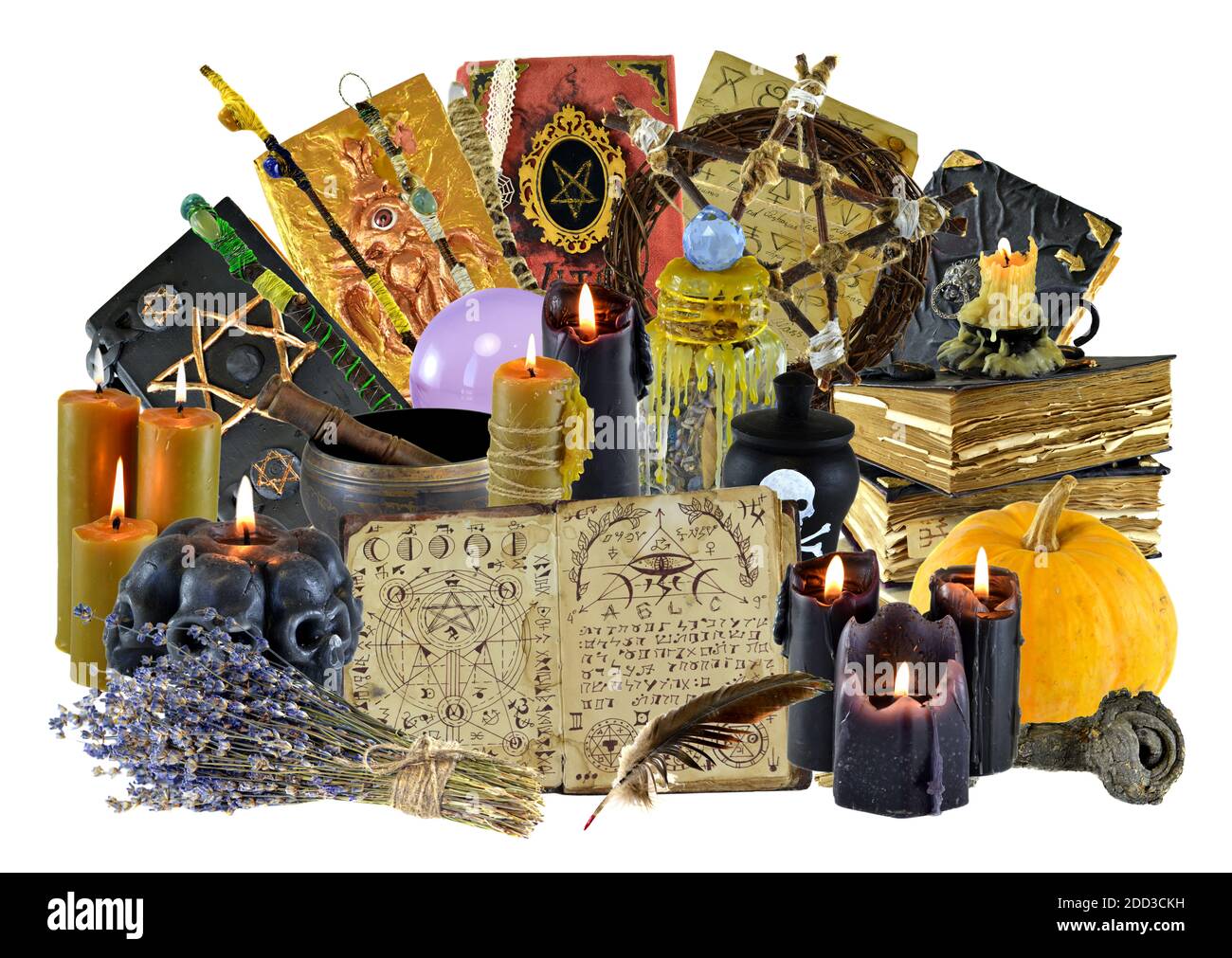 Design collage with group of magic ritual objects, witch book, candles ...