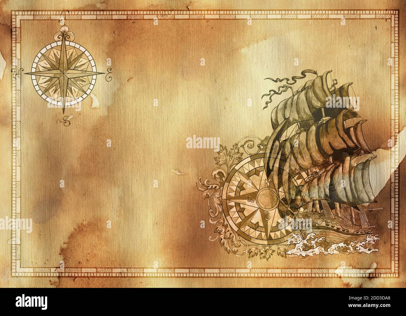 Nautical background with old sailing ship, victorian compass, blank on ...