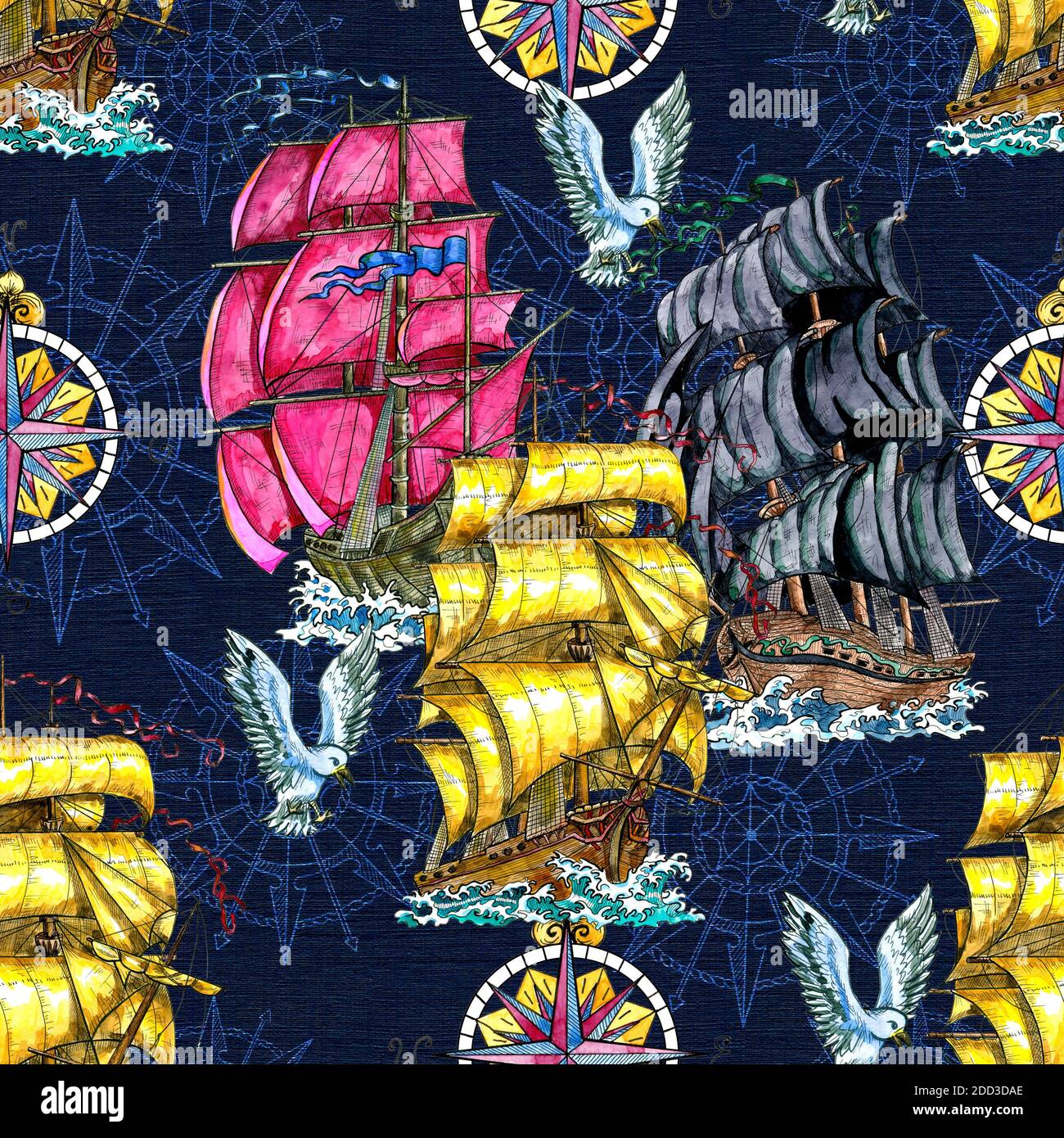 Seamless pattern with old sailing ship, decorated compass, flying gull ...
