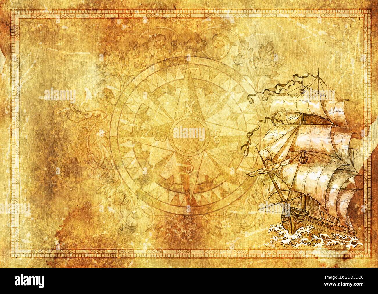 Marine background, ancient sailing vessel, baroque decorated compass on ...