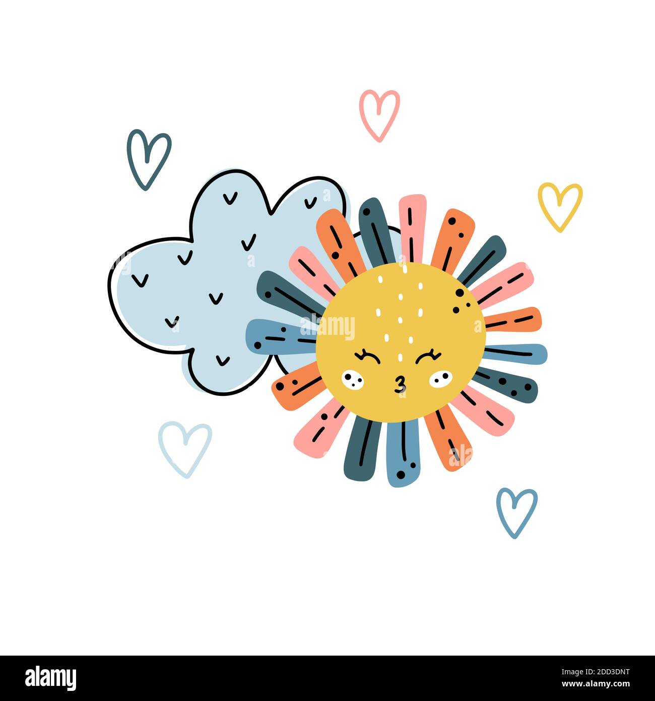 Cute nursery hand drawn illustration with cloud, sun and heart shaped ...