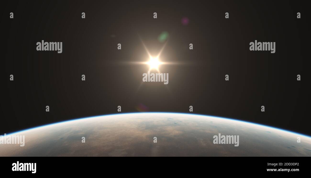 sunrise from planet orbit landscape, 3d render illustration Stock Photo ...