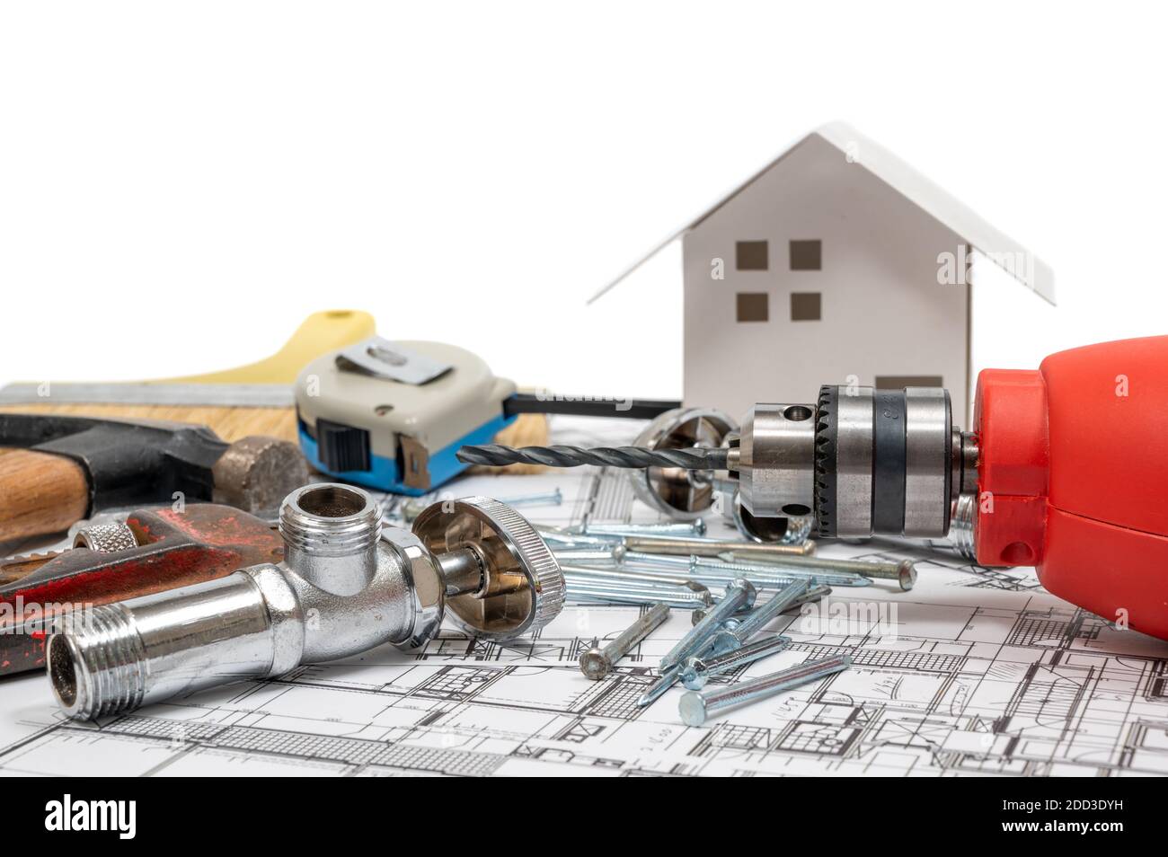 Collection of construction tools on a white background. Repair ...