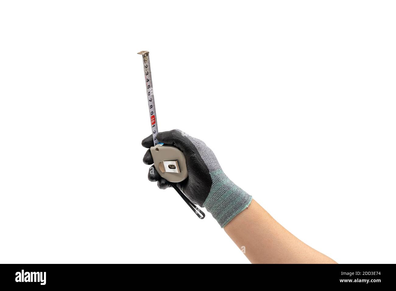 Hand of a gloved man holding a measuring tape. Isolated white ...