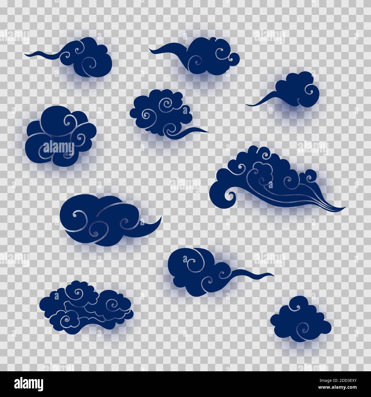 Collection of blue asian clouds. Set of paper cut cartoon clouds in ...