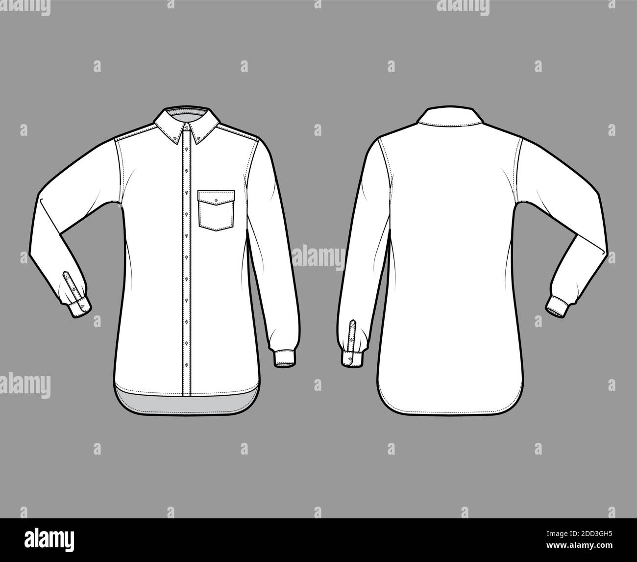 Classic shirt technical fashion illustration with angled pocket, elbow ...