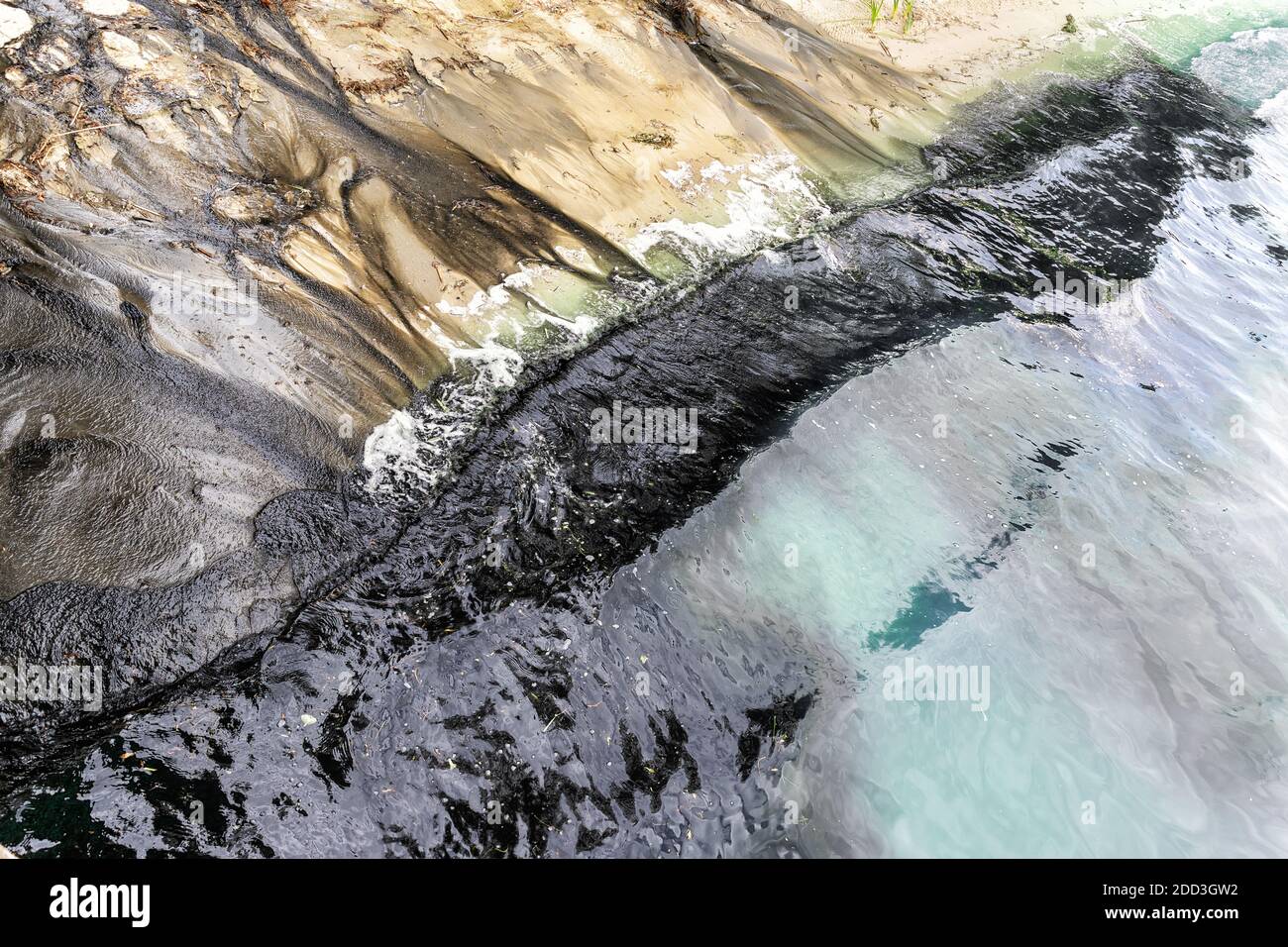 Beautiful sand sea blue water or lake beach polluted with black harmful ...