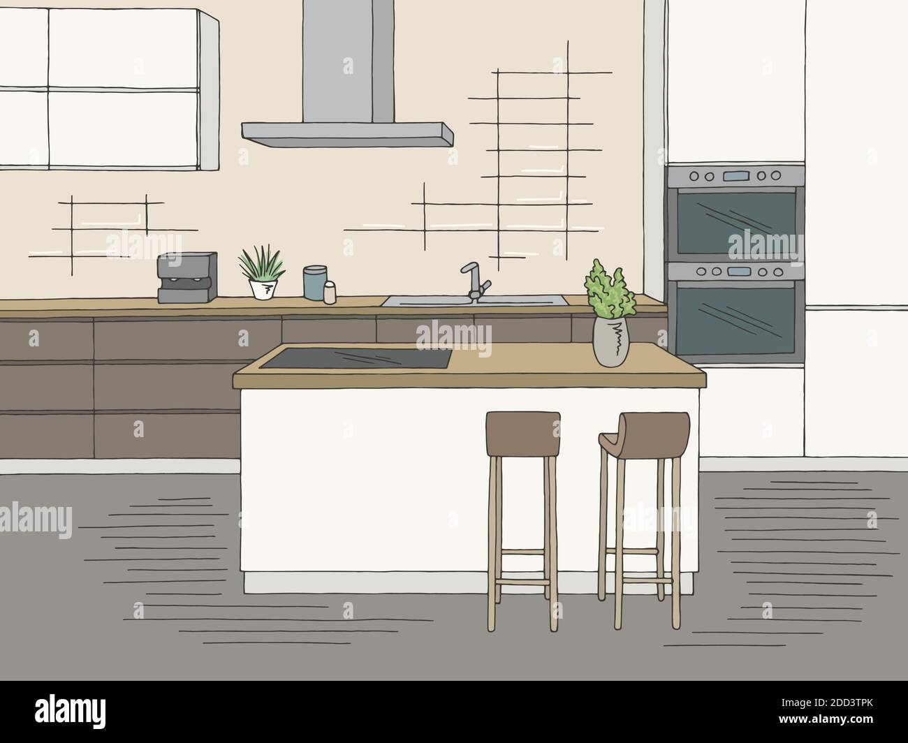 Kitchen room graphic color home interior sketch illustration vector ...