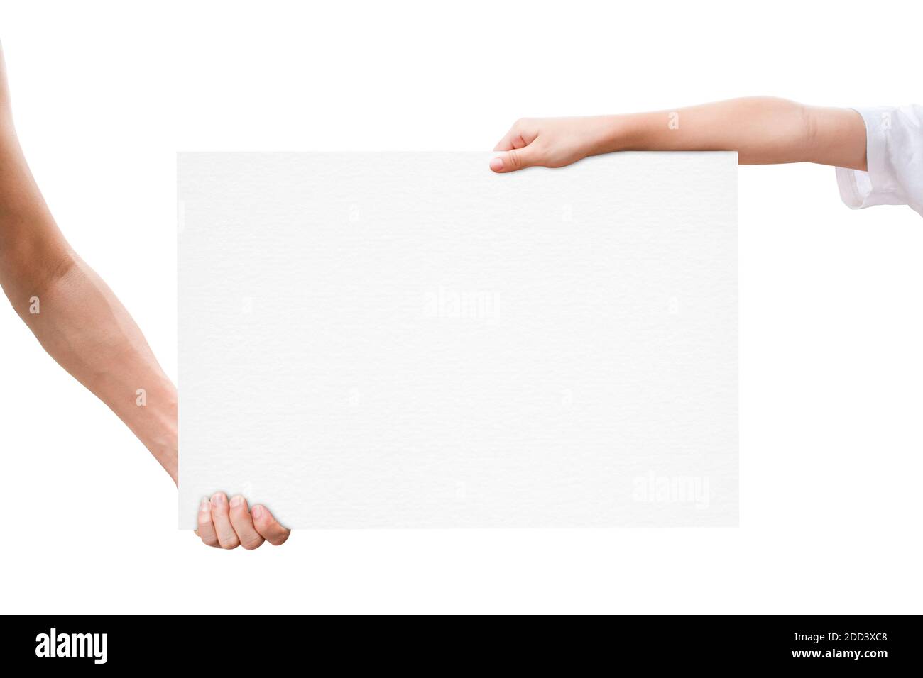 Two hand holding blank white paper isolated on white background with ...