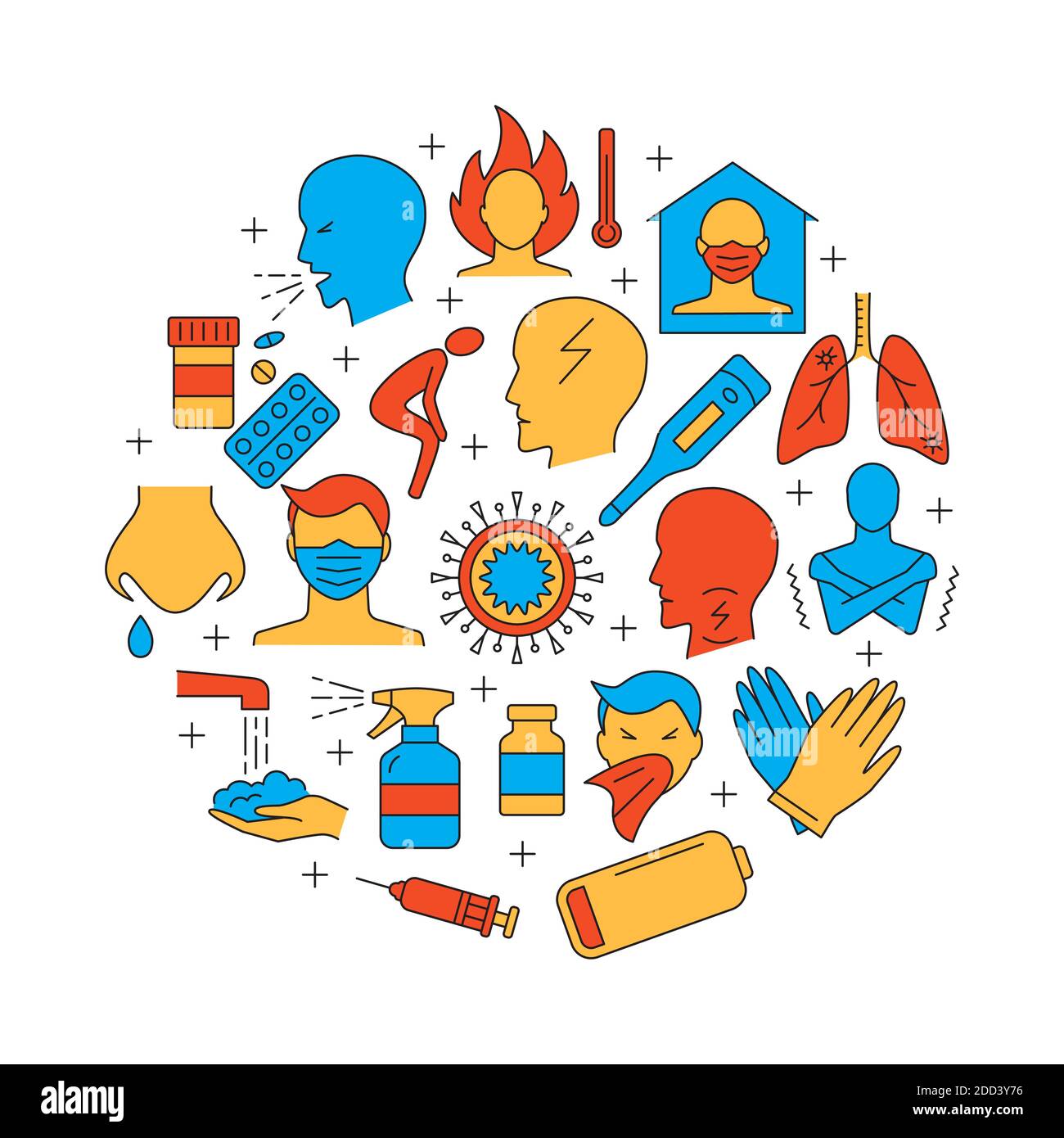 Flu symptoms and treatment round banner in line style. Medical poster ...