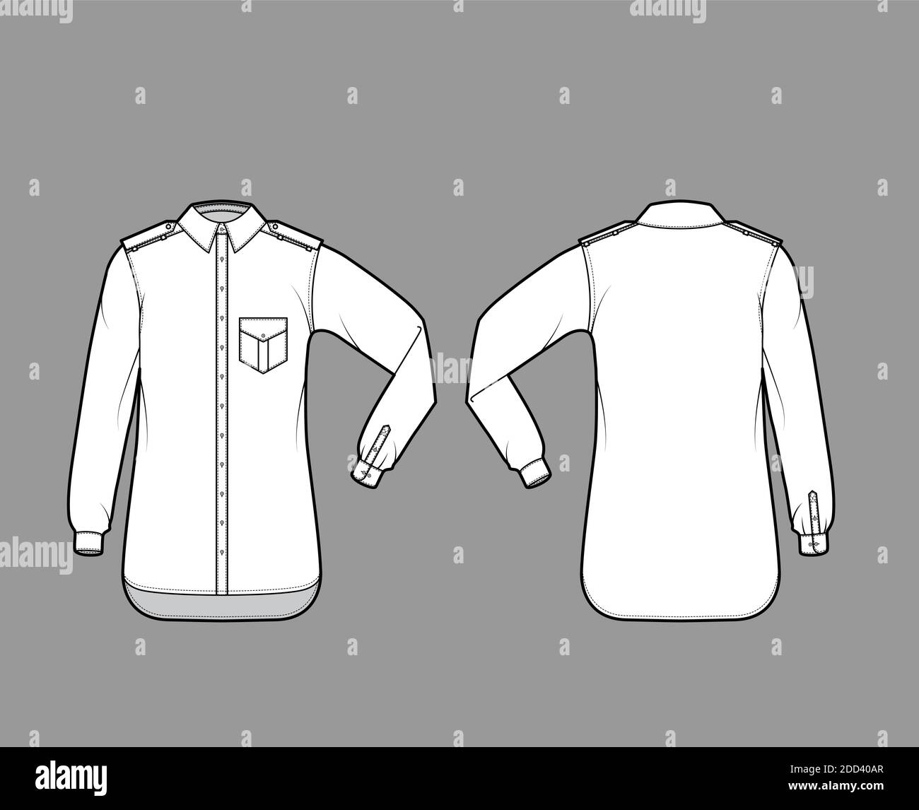 Shirt epaulette technical fashion illustration with flaps angled pocket ...