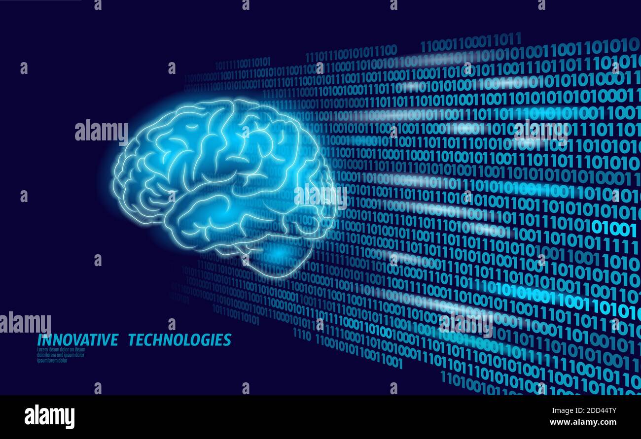 Digital 3D shape of human brain. Low poly polygonal particle point line ...