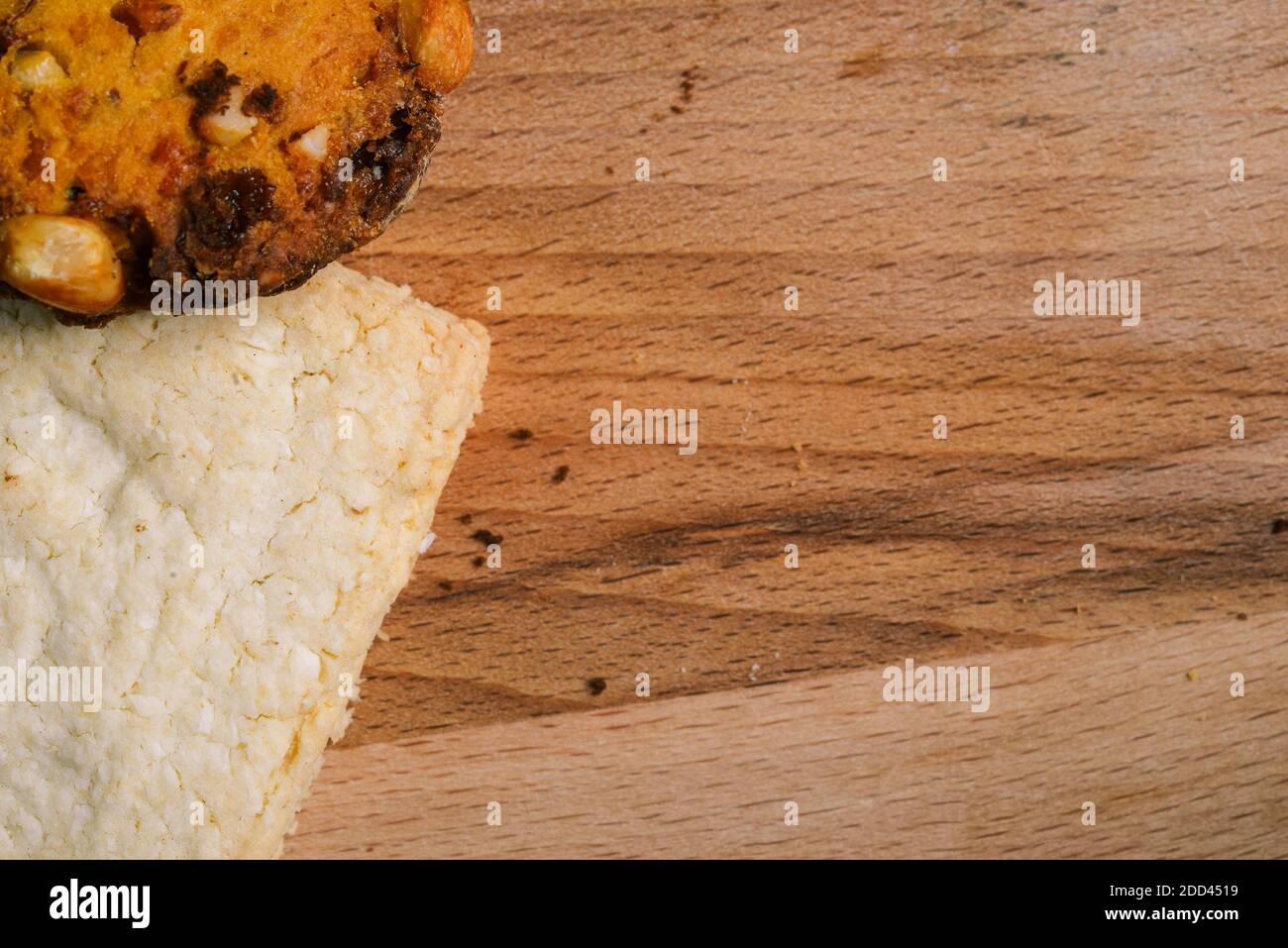 Rectangular and round baking on a wooden surface. Delicious homemade ...