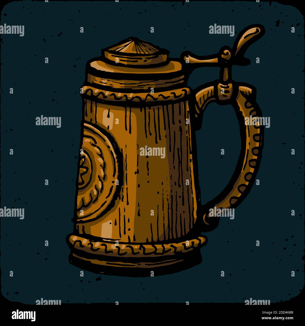 Retro style beer mug engraving. Bronze beer mug in Gothic style. Local ...