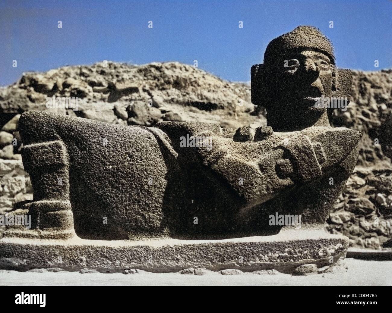 Die Skulptur "chac mool" in den Ruinen von Tula, Mexiko 1970er Jahre ...