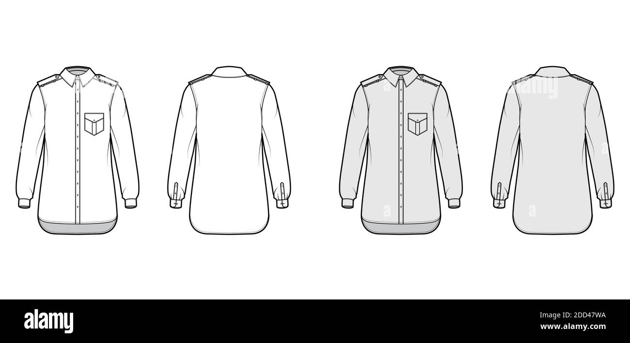 Shirt epaulette technical fashion illustration with flaps angled pocket ...