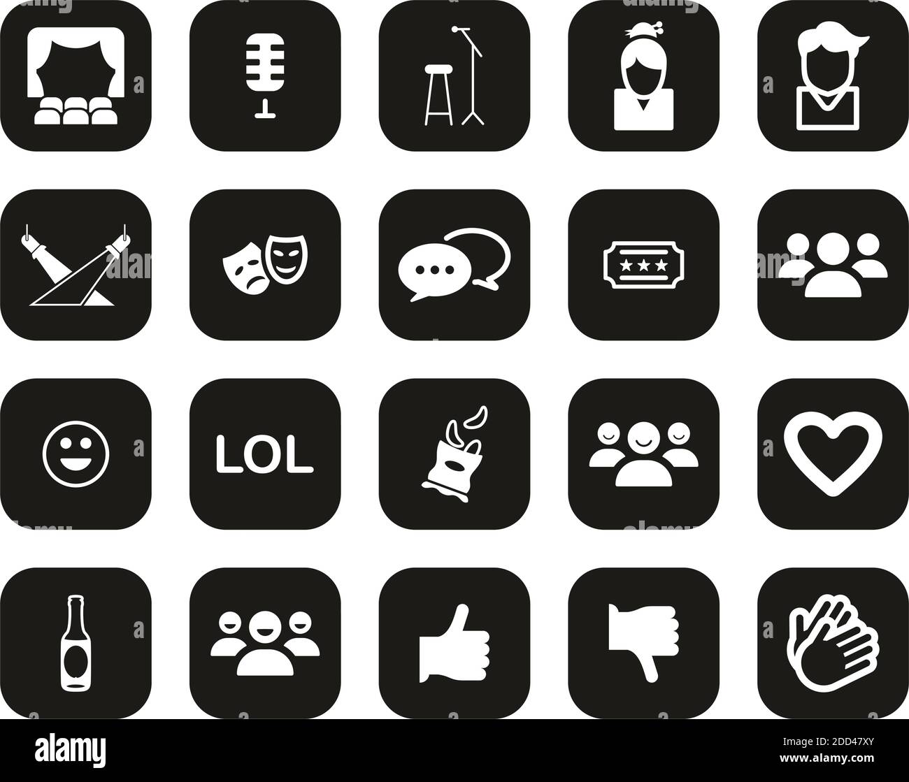 Stand Up Comedy Or Stand Up Show Icons White On Black Flat Design Set ...