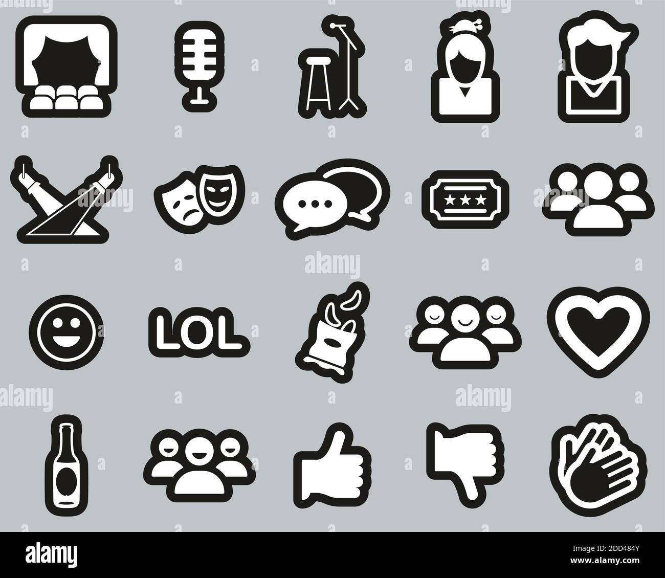 Stand Up Comedy Or Stand Up Show Icons White On Black Sticker Set Big ...
