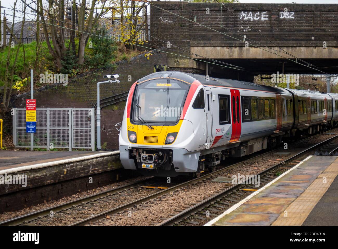 British Rail Class 720 Aventra of Greater Anglia train passing Prittlewell station, near ...