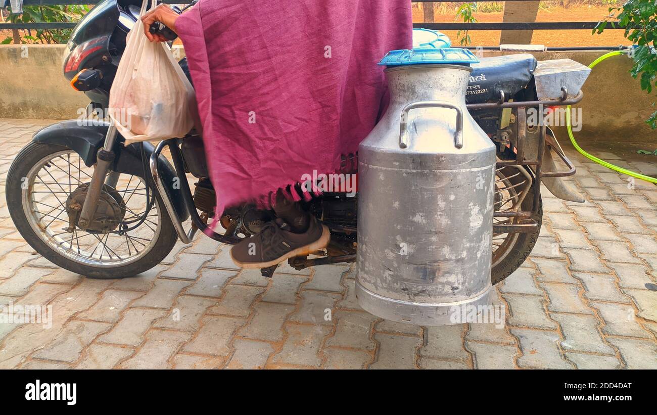 November 2020- Mahroli, Jaipur, India / Milk man collecting milk ...