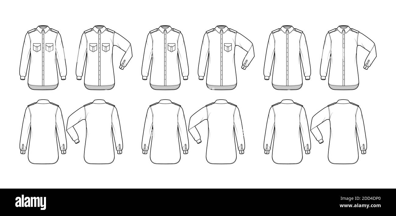 Set of Shirt epaulette technical fashion illustration with flaps angled ...