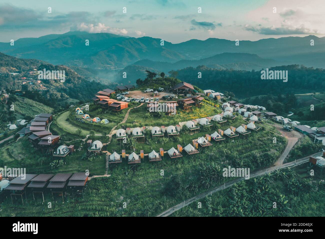 Aerial view of camping grounds and tents on Doi Mon Cham mountain in ...