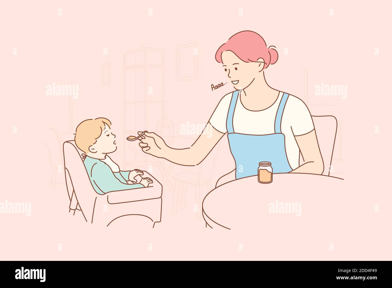 Motherhood, childhood, food, family concept. Young woman mom cartoon ...