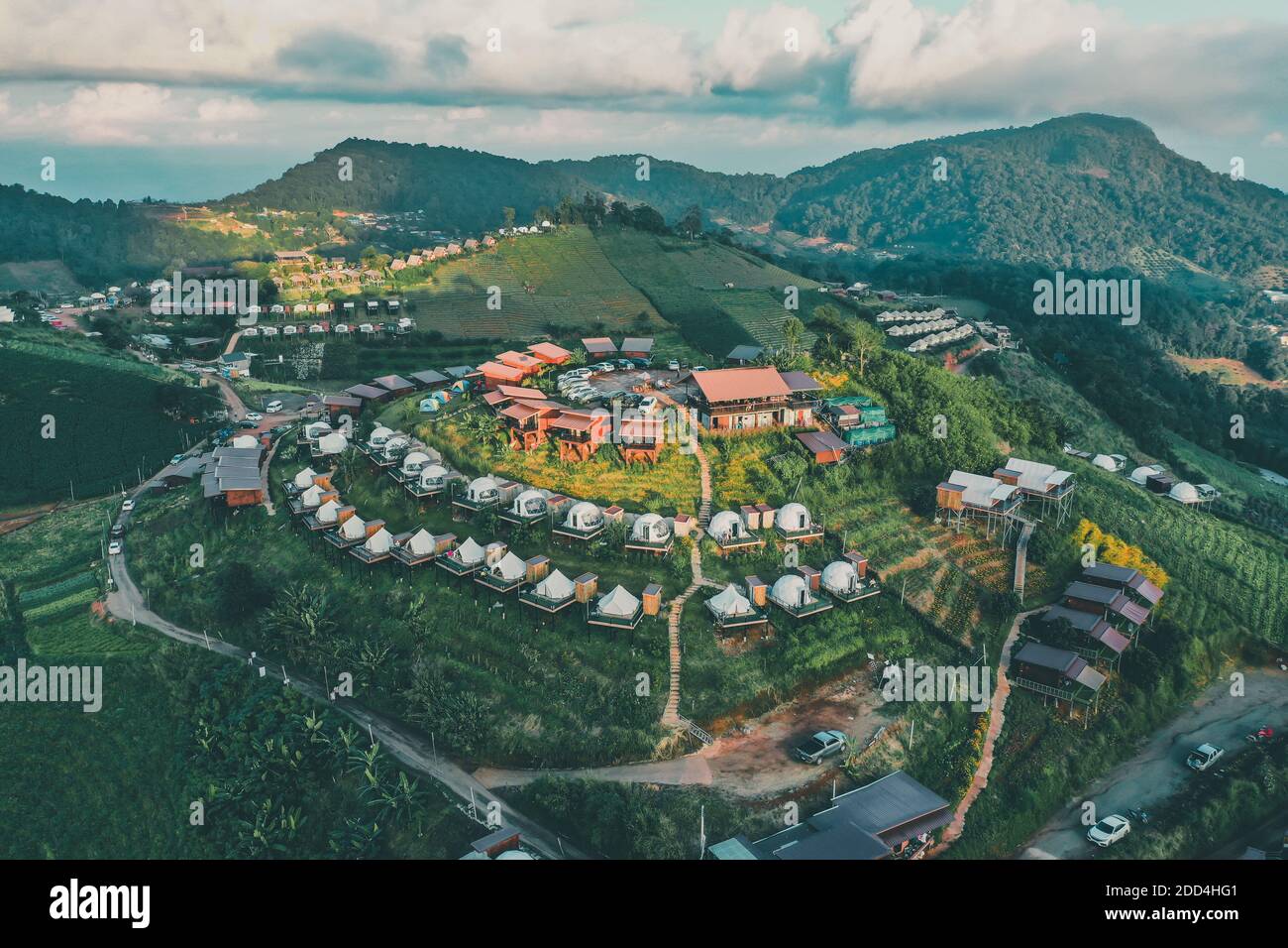 Aerial view of camping grounds and tents on Doi Mon Cham mountain in ...