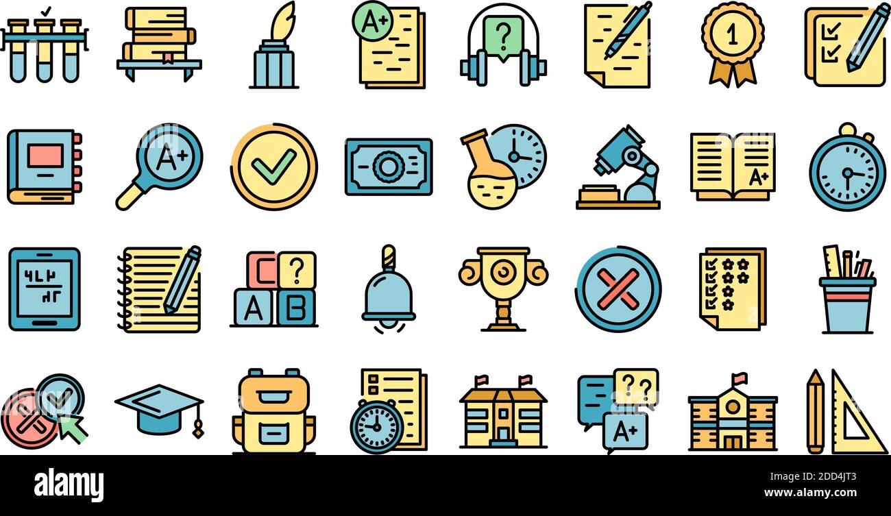School test icons set. Outline set of school test vector icons thin ...