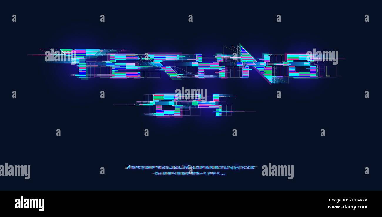 Futuristic cyberpunk glitch font. Modern English glowing alphabet with ...