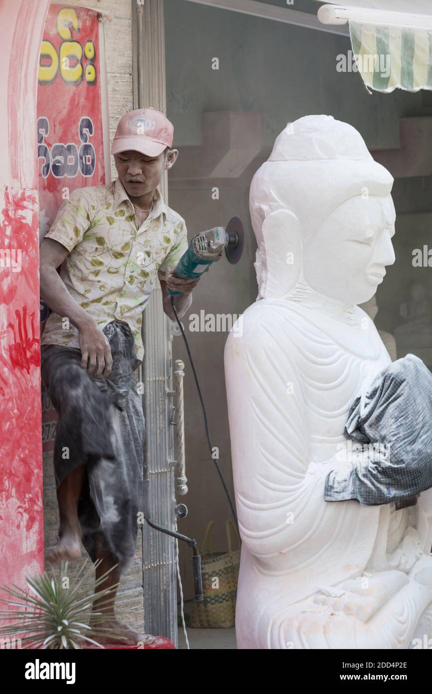 Local man sculpting a marble Buddha, Amarapura Mandalay, Myanmar (Burma ...