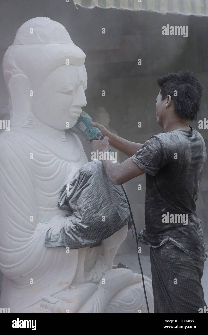 Local man sculpting a marble Buddha, Amarapura Mandalay, Myanmar (Burma ...