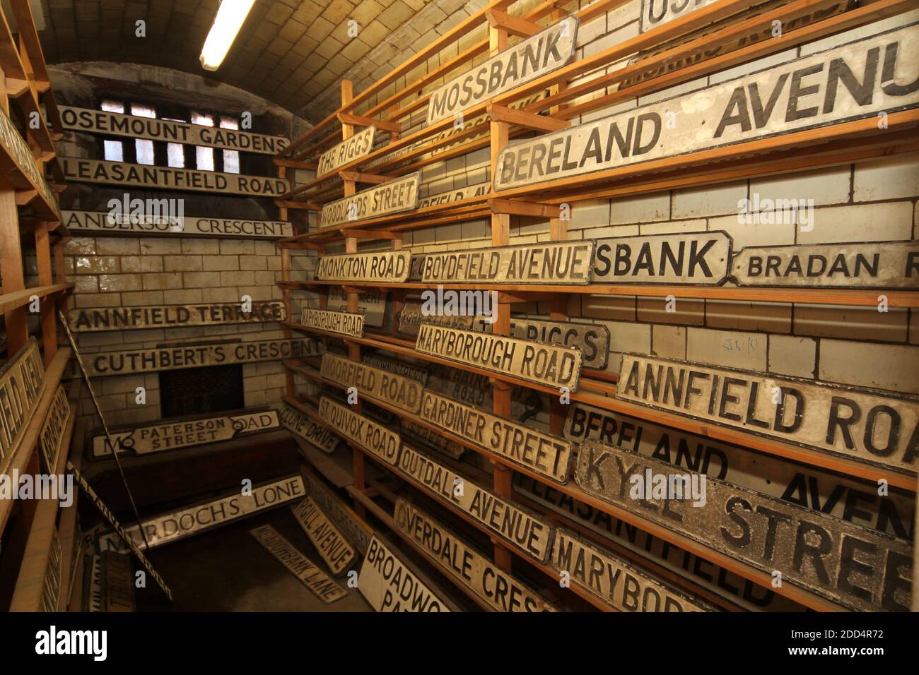Ayr Town Hall, Ayr, Ayrshire, Scotland. Old street signs stored in old ...
