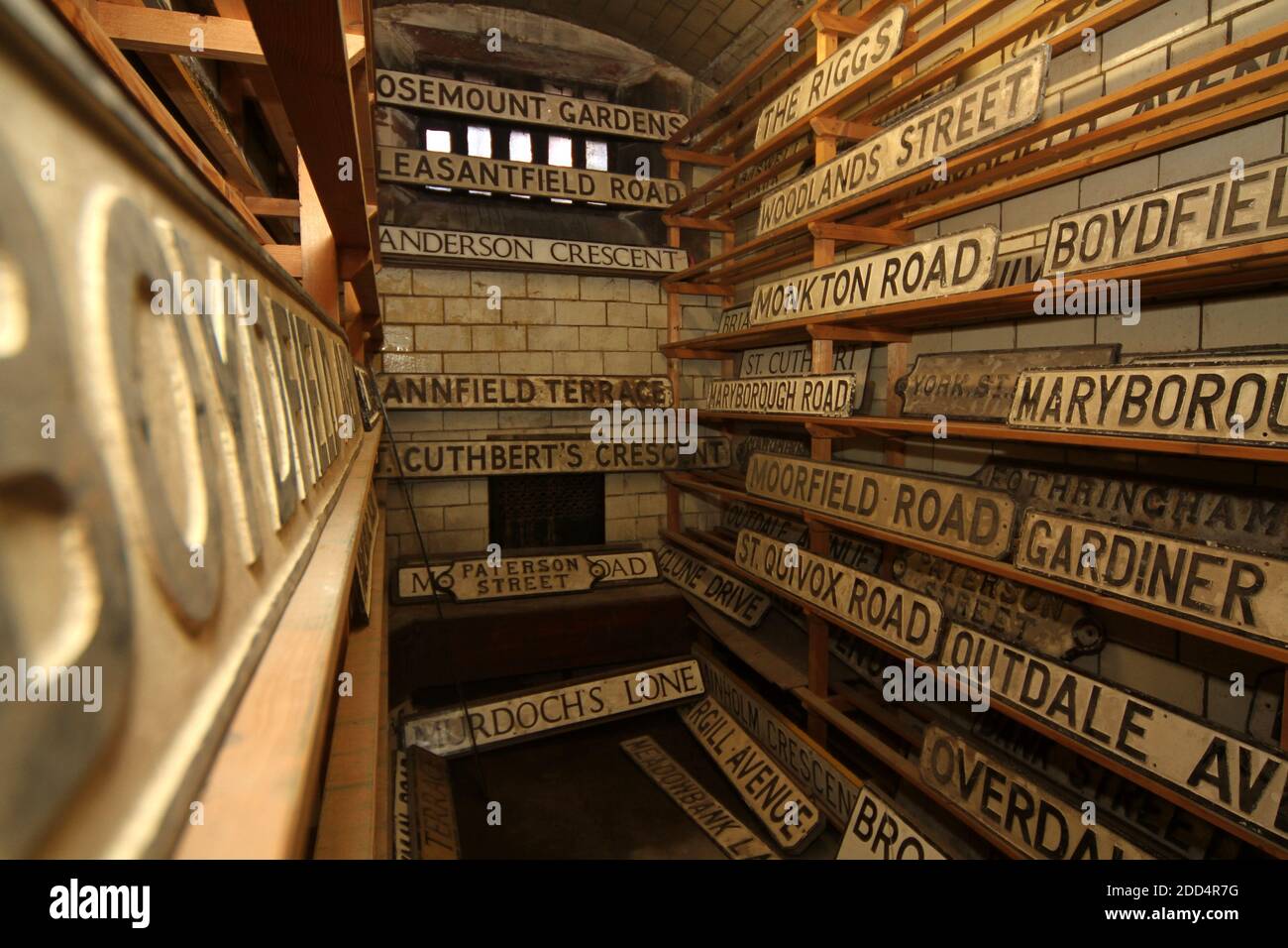Ayr Town Hall, Ayr, Ayrshire, Scotland. Old street signs stored in old ...