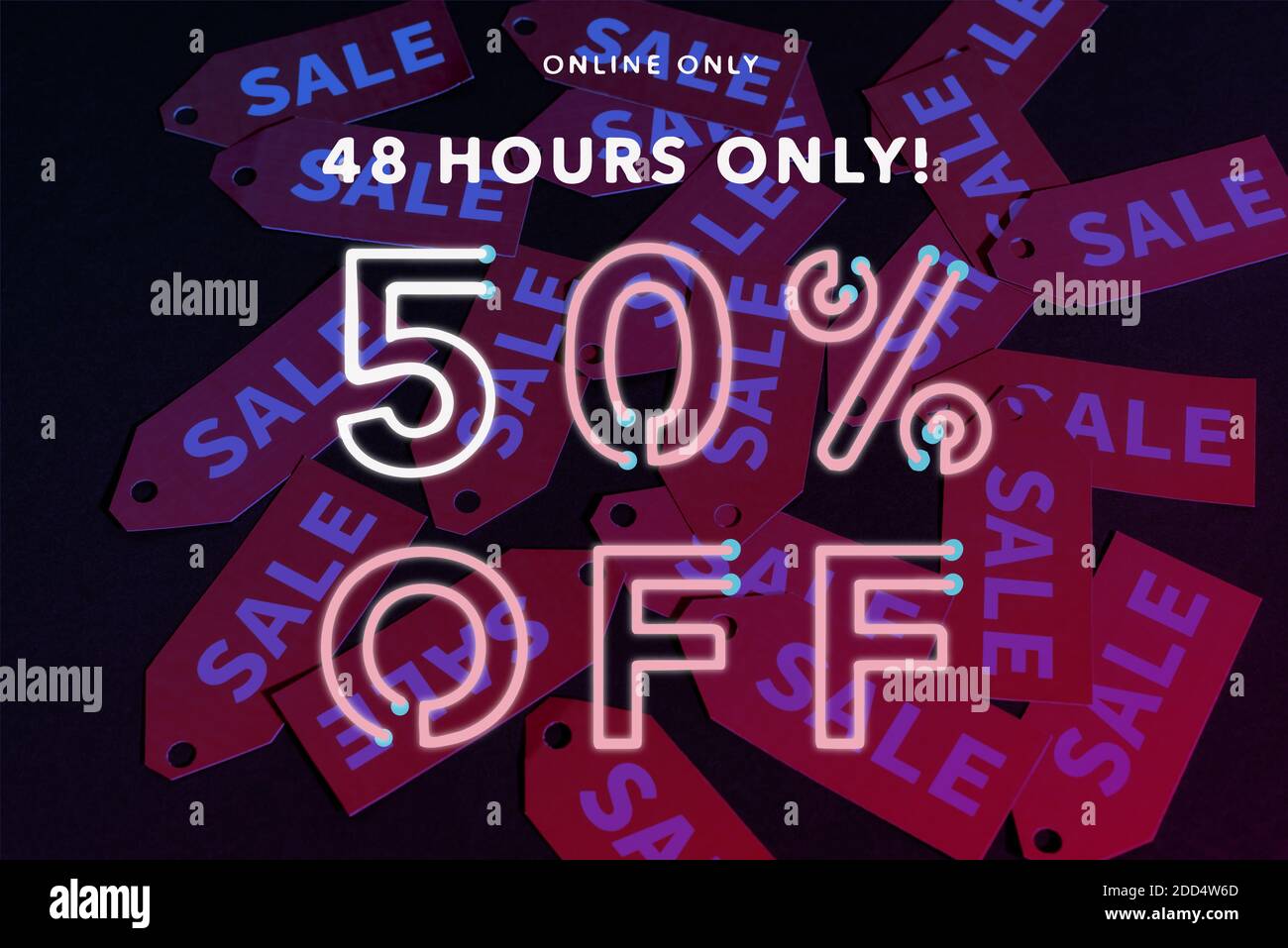 online only, 48 hours only, 50 percent off lettering near red labels on ...