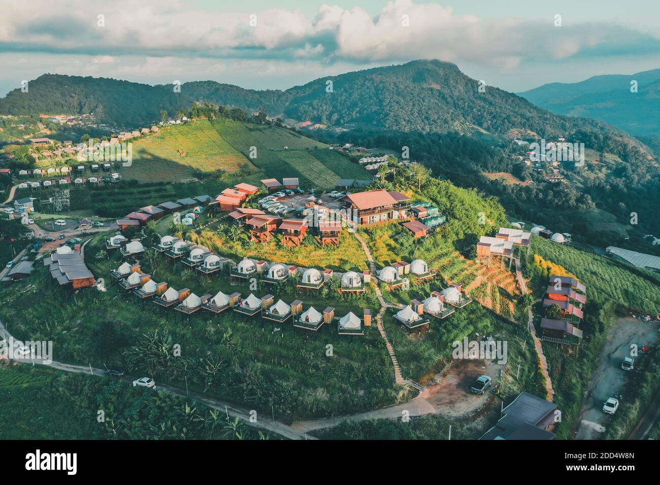 Aerial view of camping grounds and tents on Doi Mon Cham mountain in ...
