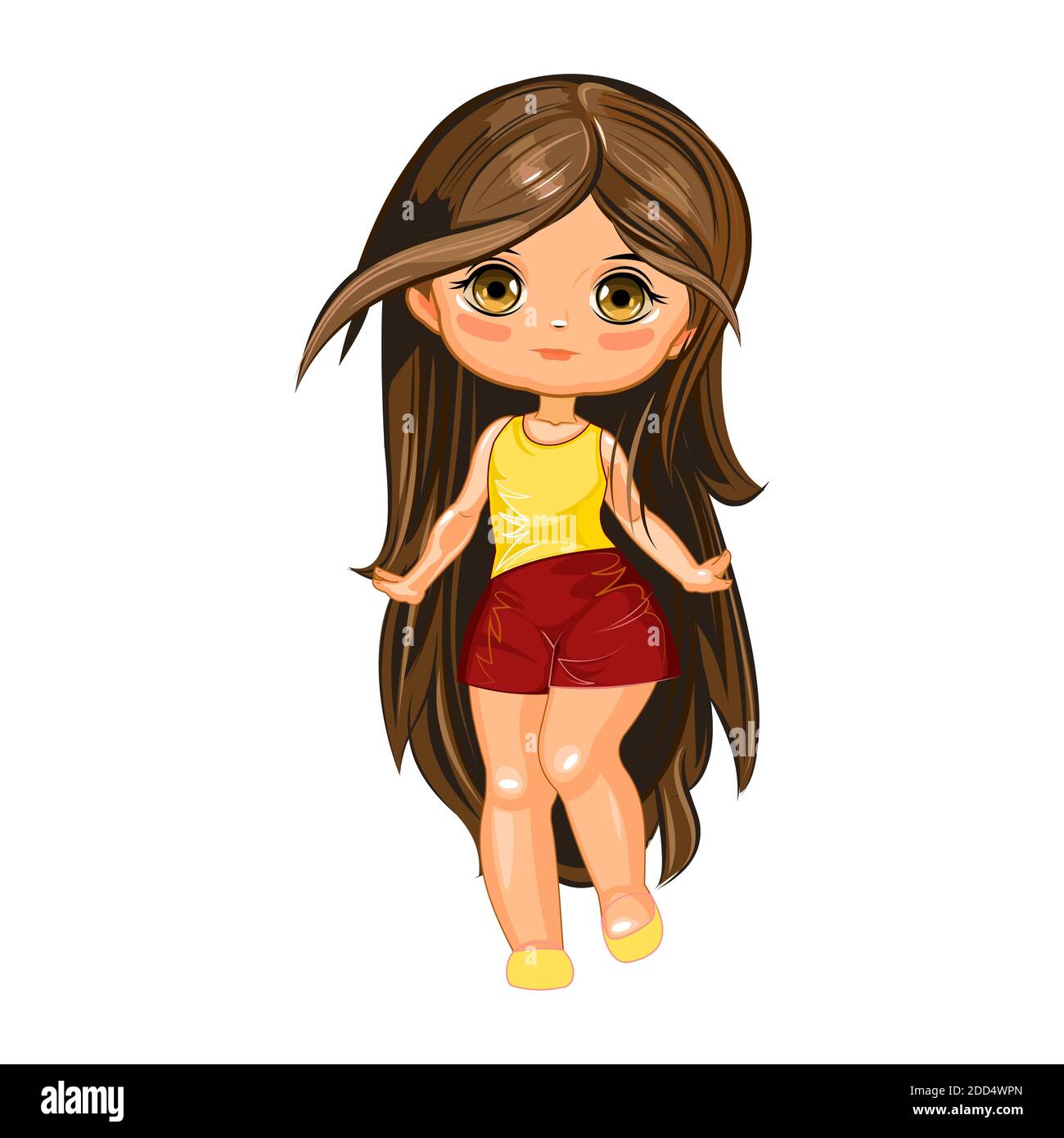 A cute little girl in shorts and a T-shirt. Cheerful funny child in a ...