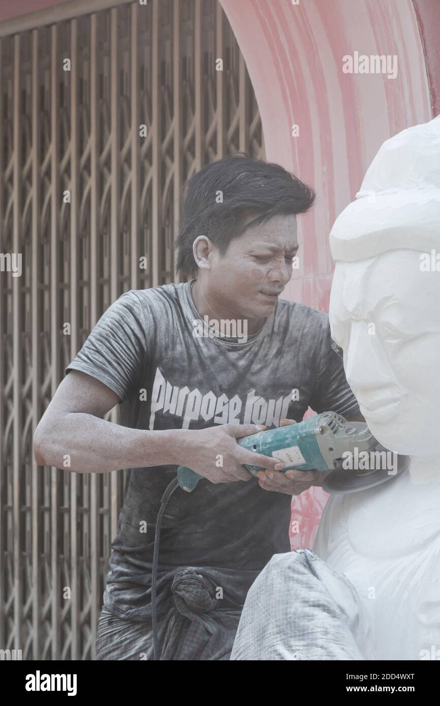 Local man sculpting a marble Buddha, Amarapura Mandalay, Myanmar (Burma ...