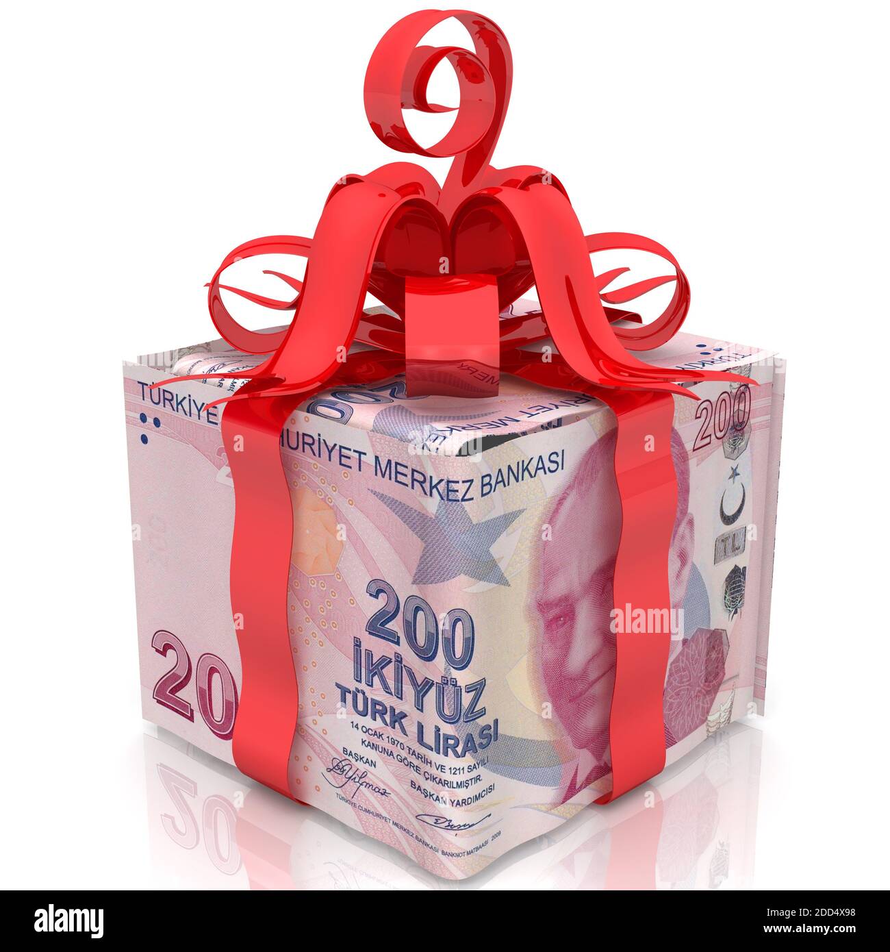 Gift box. The box made from bills of 200 Turkish Lira tied with a red ...