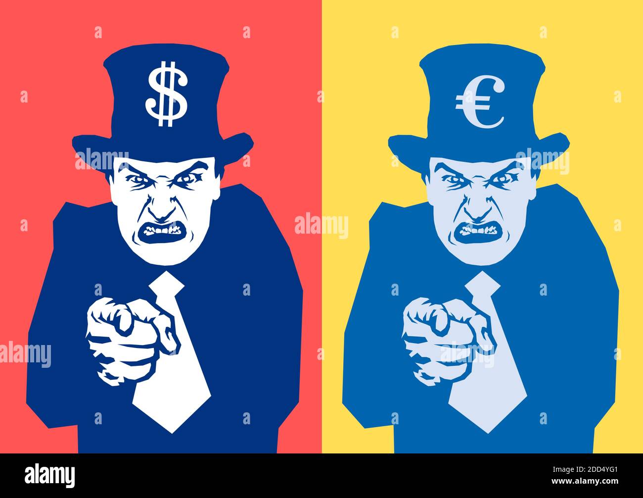 Angry man is pointing at viewer. Symbol of euro / US dollar on the hat ...
