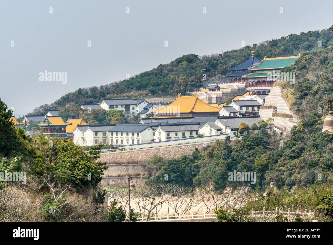 Chinese traditional colorful temples in the Putuoshan mountains ...