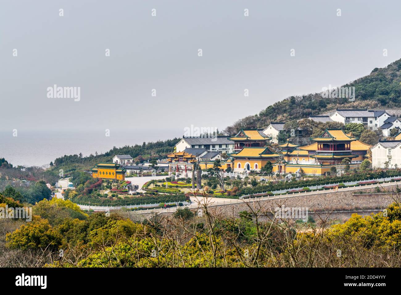 Chinese traditional colorful temples in the Putuoshan mountains ...