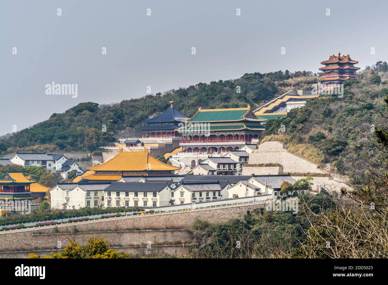 Chinese traditional colorful temples in the Putuoshan mountains ...